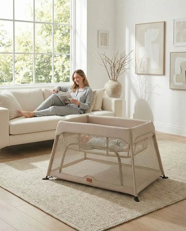Airpod 3 Travel Cot with Bassinet - Beige - Lightweight & Compact ...